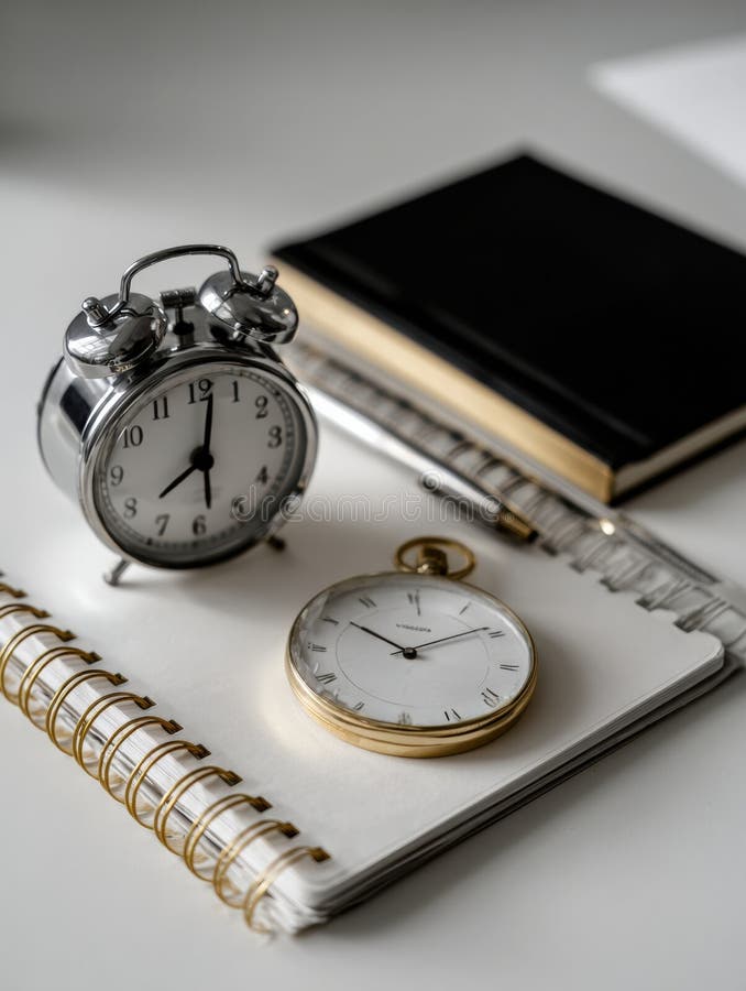 Desk Setup Featuring Alarm Clock and Pocket Watch on a Notebook at a ...