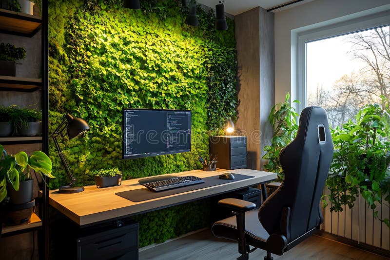 Desk Setup Featuring a Monitor, Keyboard, PC, Greenery Wall, Desk Lamp ...