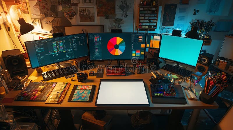 A Desk Setup for a Graphic Designer with a Drawing Tablet Multiple ...