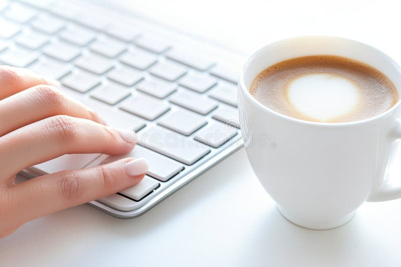 Desk Setup with a Keyboard, Hand, and a Cup of Coffee, Showcasing ...