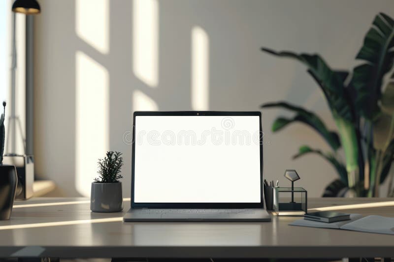 A Desk Setup with a Laptop Displaying a White Mockup Screen in a Modern ...