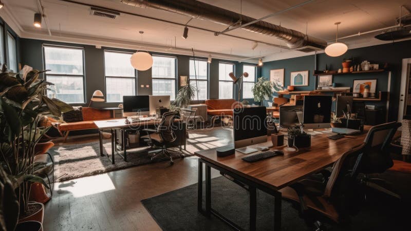 A Cozy Clutter-free Desk Setup in a Modern Coworking Space Created with ...