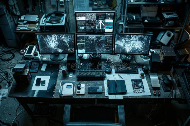 Cluttered Desk with Multiple Monitors Displaying Global Data Stock ...