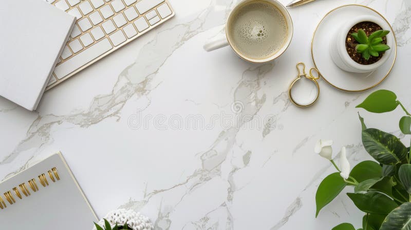 Desk Setup Top View Desk with Copy Space Marble Texture Table Workspace ...