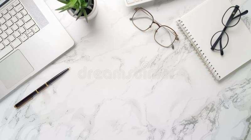 Desk Setup Top View Desk with Copy Space Marble Texture Table Workspace ...
