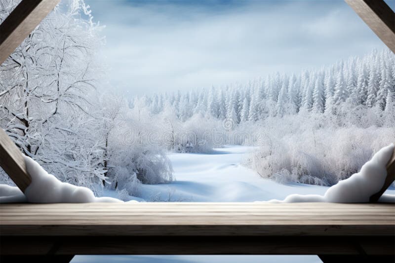 Desk Space with a View of a Tranquil Winter Wonderland Stock ...
