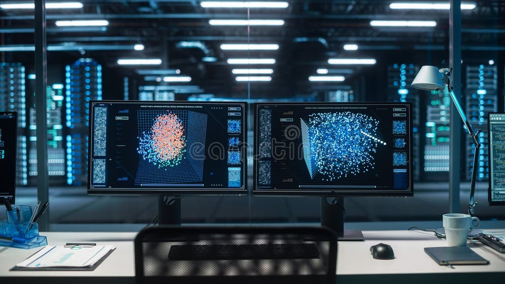 On the Desk Standing Green Mock-up Screen Computer. in the Background ...