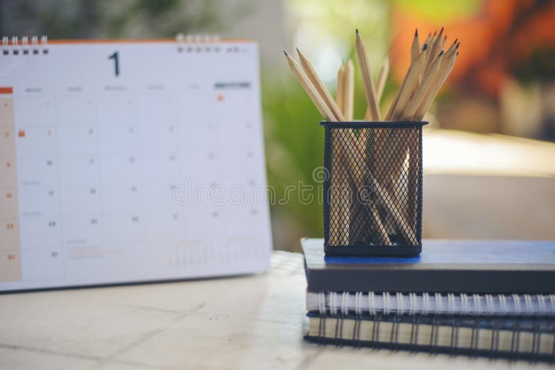 Desk for Student Education Concept. Calendar, Pencils, Book, Note Pad ...