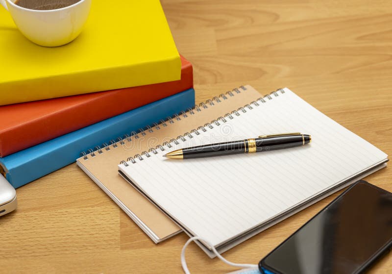 Desk for Student Work at Home Concept.Laptop Diary and Book on School ...