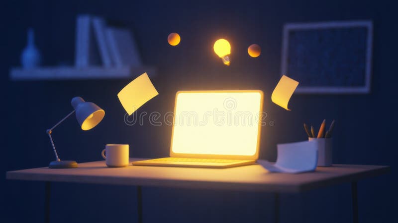Desk Surrounded by Illuminated Documents and Creative Symbols Radiates ...