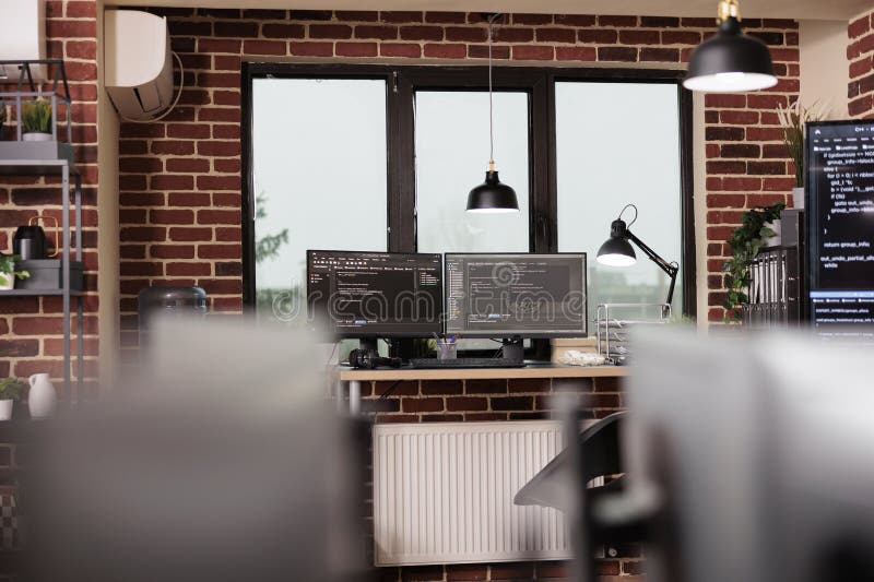 Desk with Multiple Monitors Displaying Terminal Window and Artificial ... Desk with Multiple Monitors Displaying Terminal Window and Artificial ...