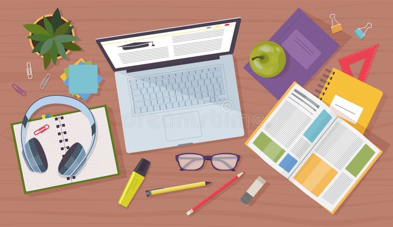 Desk Top View. Office Desktop. Student E-learning Stock Vector ...