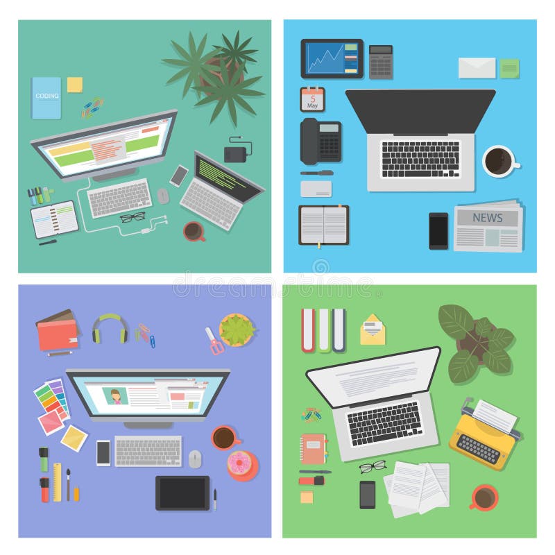 Desk top view set. stock vector. Illustration of concept - 81015834