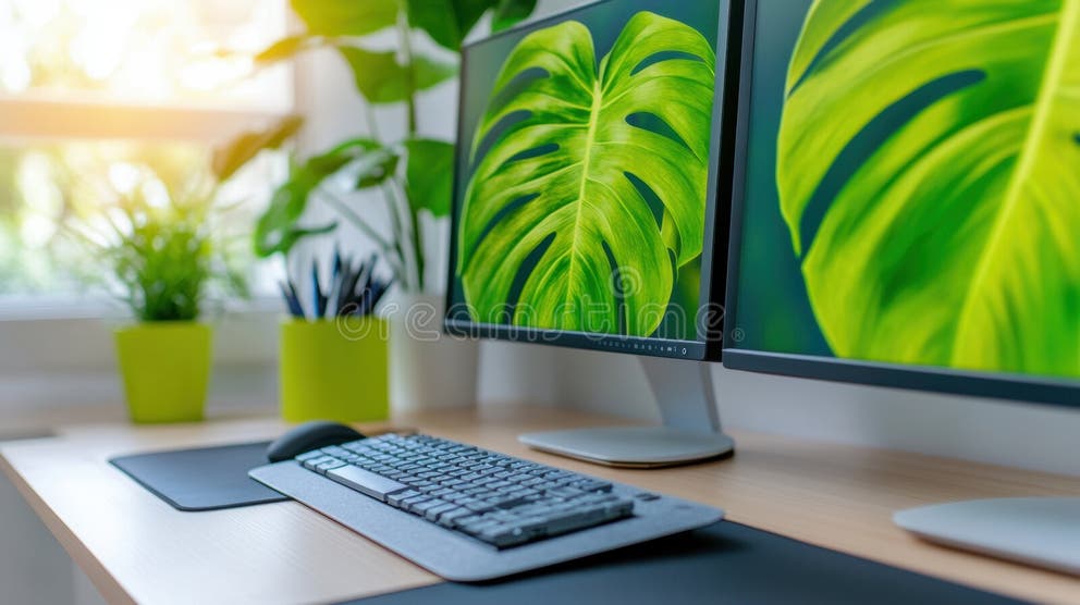 A Desk with Two Computer Monitors and a Keyboard on it, AI Stock Image ...
