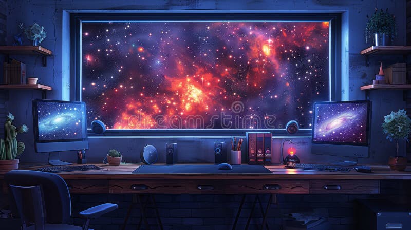 Nighttime View of a Desk with a Window Showing a Starry Night Sky Stock ...