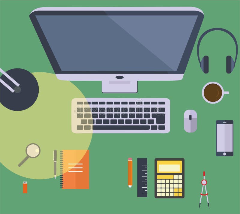 Desk view flat design stock vector. Illustration of connection - 69569778