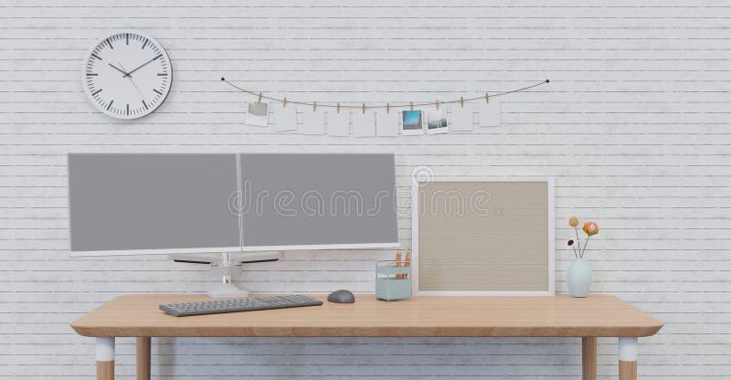 Desk, White Office Room Minimalist Style with Computer Stationery and ...