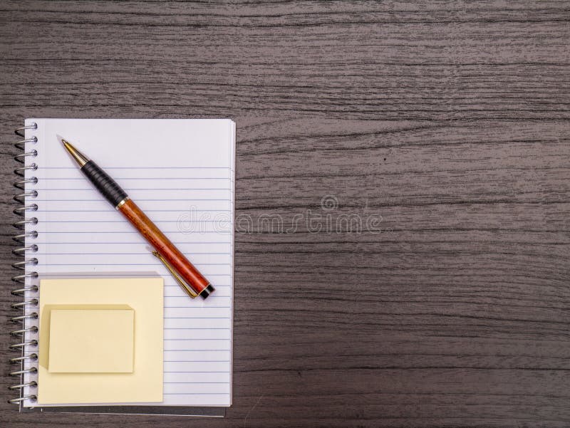 Desk,White Spiral Notebook, Sticky Notes, Pen Stock Photo - Image of ...