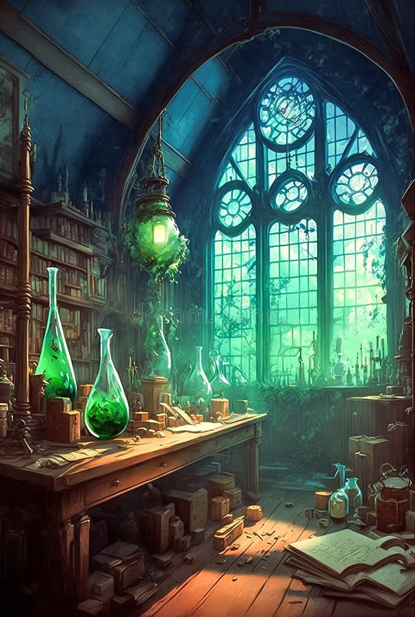 Desk of Wizard, Flasks with Magic Elixir, Vintage Laboratory Interior ...