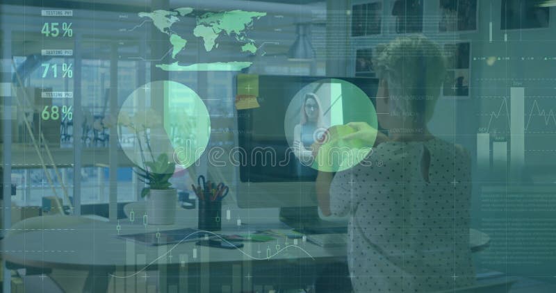At Desk, Woman Working with Animation of Data Analytics and World Map ...