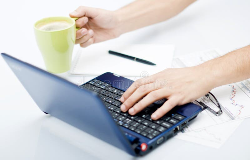 Desk Work In Front Of Computer With Coffee On One Stock Photo - Image ...