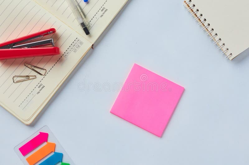 Desk Workspace Featuring Stationery, Notepads, and Sticky Notes for ...