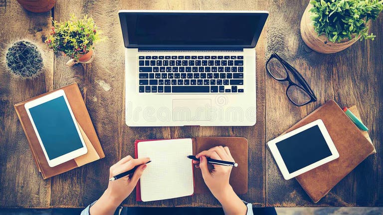 Desk Workspace Illustration: Laptop, Tablets, and Notebook Stock Photo - Image of studying ...