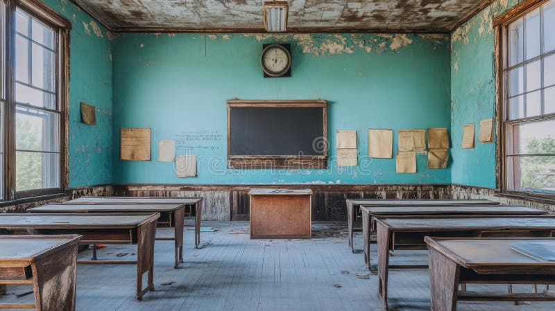 Desks and a Blackboard in an Abandoned Classroom Stock Illustration ...
