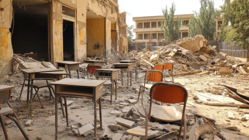 Desks and Chairs Remain in a Destroyed School Building Stock ...