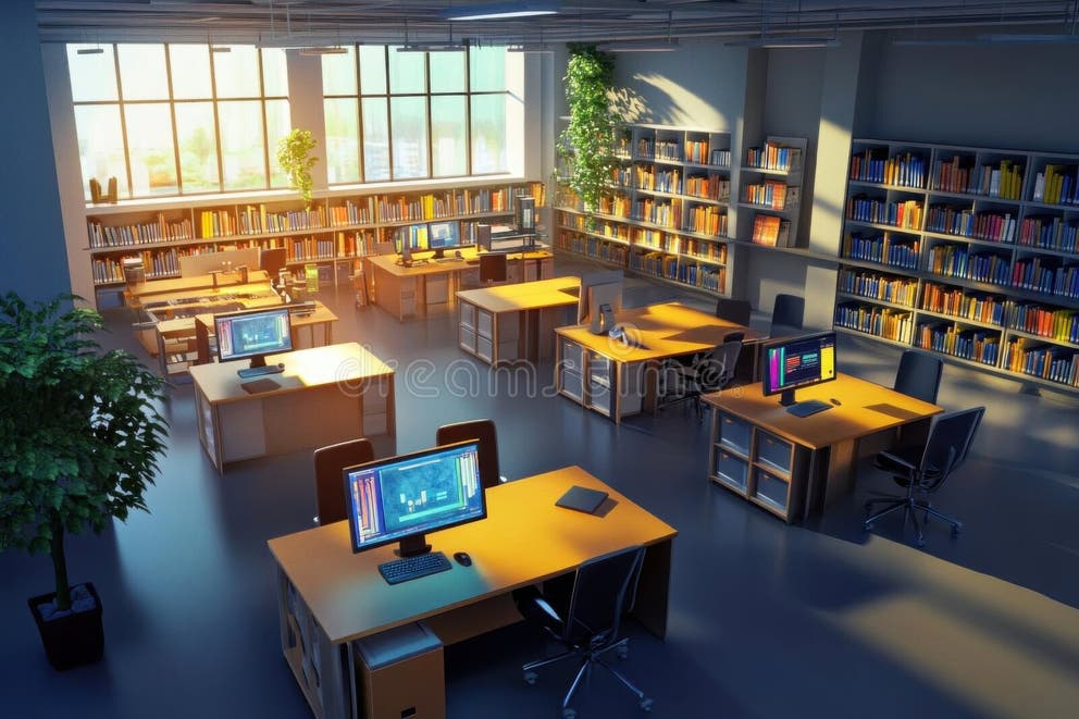 Desks and Computers Fill Academic Space with Natural Light and Work ...