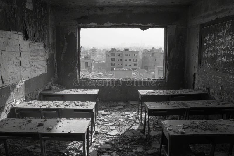Desks Covered in Debris Sit in a Destroyed Classroom with a Bombed City ...