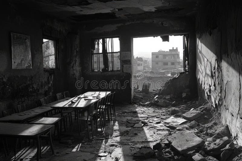 Desks Inside a Destroyed Classroom in a Bombed-out Building ...