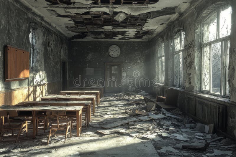 Desks Sit in Decaying Classroom with Broken Windows and Peeling Paint ...