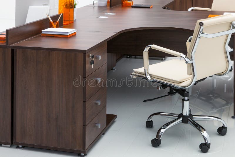 Desks and White Leather Chairs Stock Photo - Image of brown, drawer ...