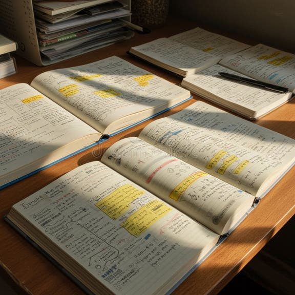 Deskscape Featuring Several Open Notebooks Filled with Handwritten ...