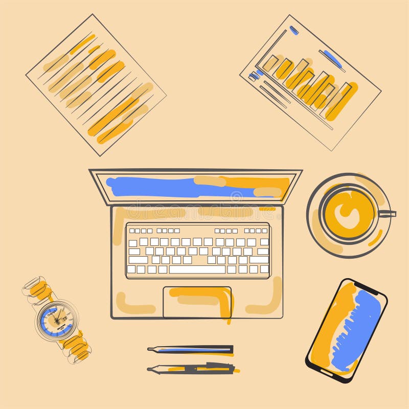 2D Top View Desktop Vector Illustration Stock Vector - Illustration of ...