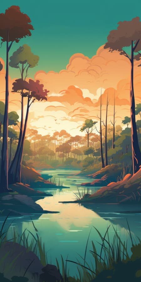Colorful Swamp Illustration with Forest and Dunes Stock Illustration ...
