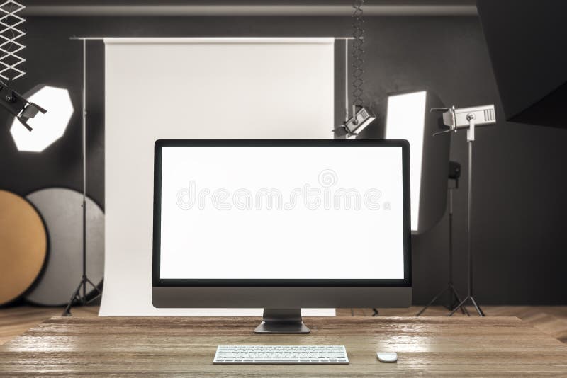 Desktop with Blank White Computer Editorial Photo - Illustration of ...