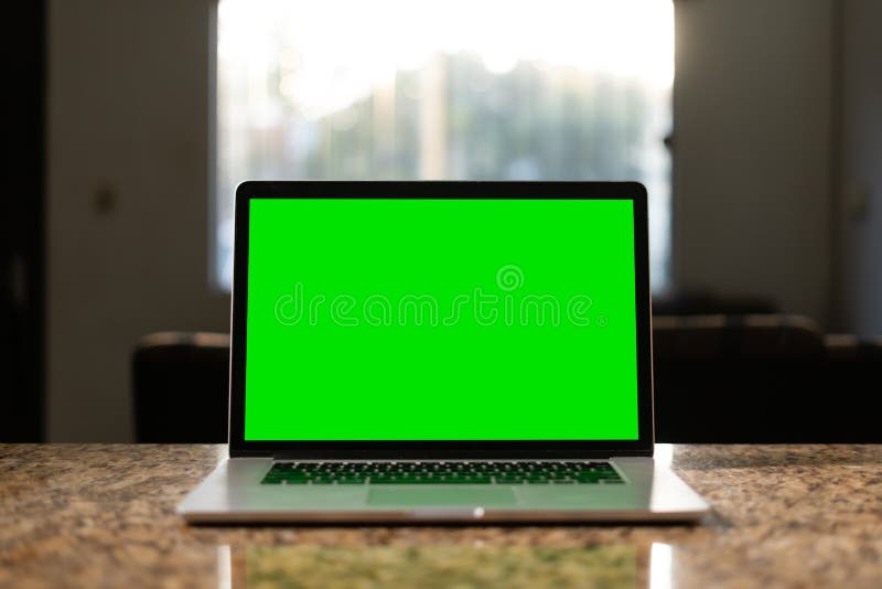 Workspace. Laptop on the Desk with Green Screen Stock Photo - Image of ...