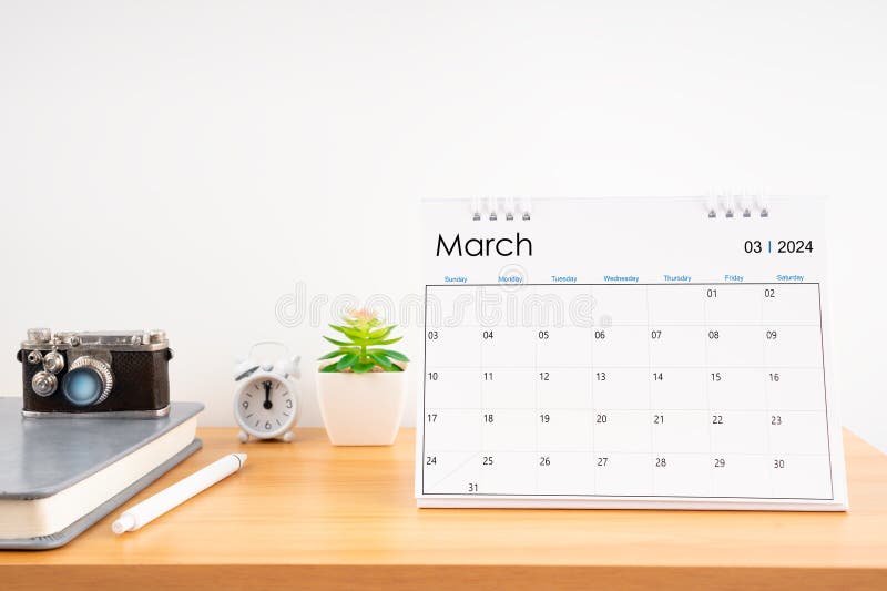 Desktop Calendar for March 2024 Year and Vintage Camera with Diary for ...