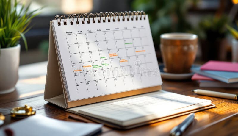 Desktop Calendar on Wooden Table with Coffee Cup and Plants in Office ...