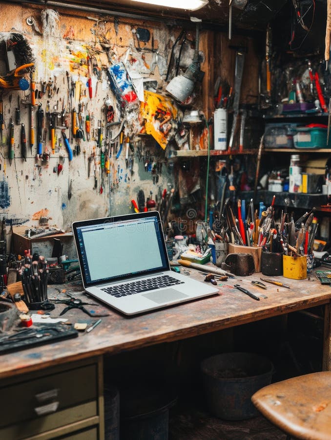 A Desktop Cluttered with Art Supplies and Tools Features a Laptop Ready ...