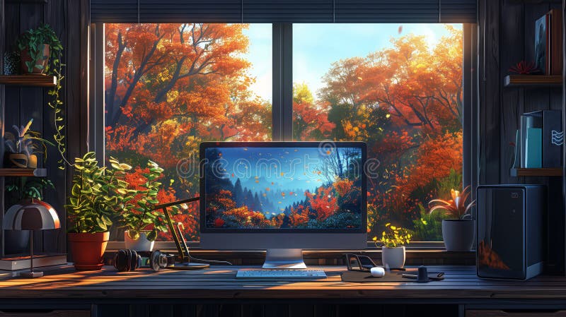 Desktop Computer with Autumnal View from Window and Underwater Desktop ...