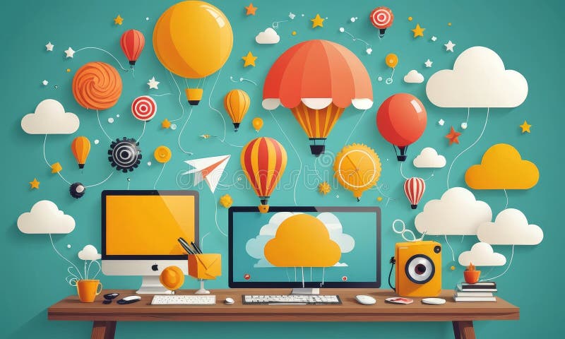 Desktop Computer with Balloons and Other Objects Around it Stock ...