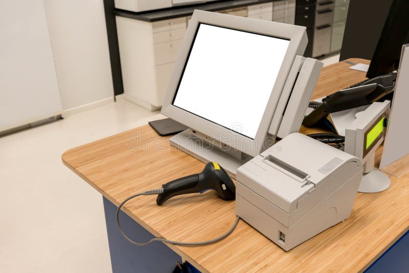 Desktop Computer, and Bar Code Scanner for Business Stock Image - Image ...