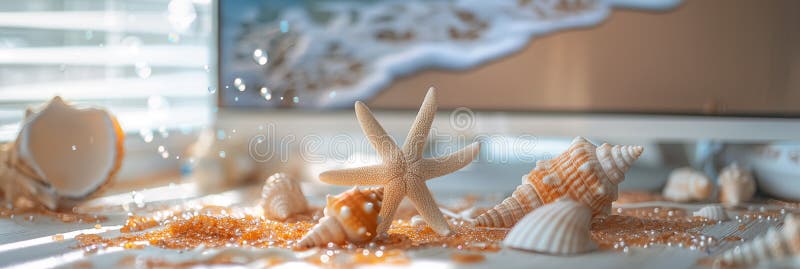 Desktop Computer with Beach-themed Wallpaper Surrounded by Starfish and ...