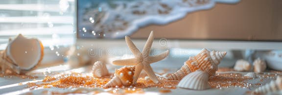 Desktop Computer with Beach-themed Wallpaper Surrounded by Starfish and ...