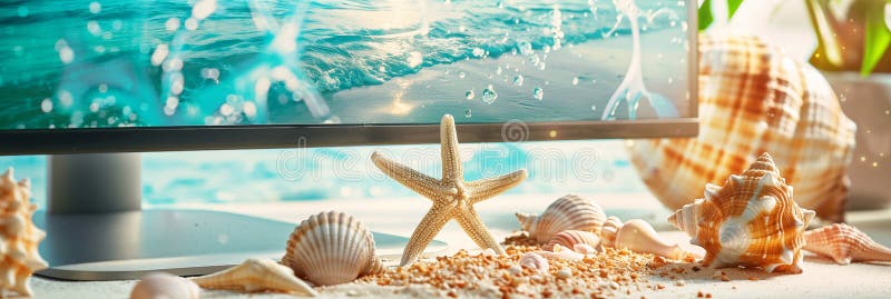 Desktop Computer with Beach-themed Wallpaper Surrounded by Starfish and ...