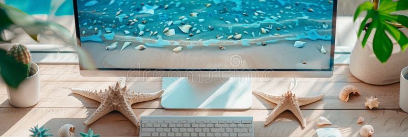 Desktop Computer with Beach-themed Wallpaper Surrounded by Starfish and ...