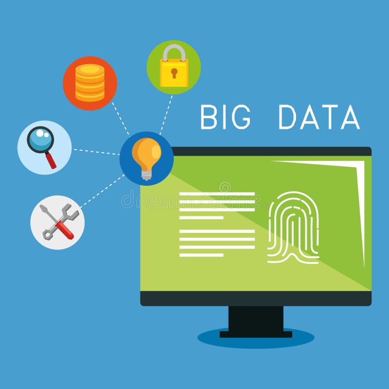 Desktop Computer with Big Data Icons Stock Vector - Illustration of ...